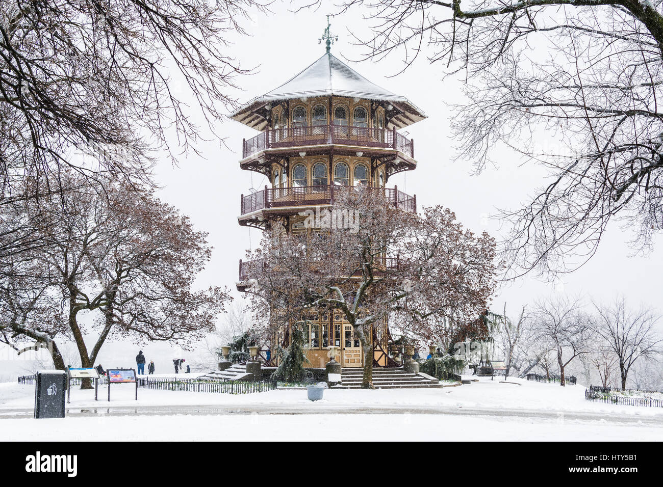The Patterson Park Pagoda in the snow, in Baltimore, Maryland Stock ...
