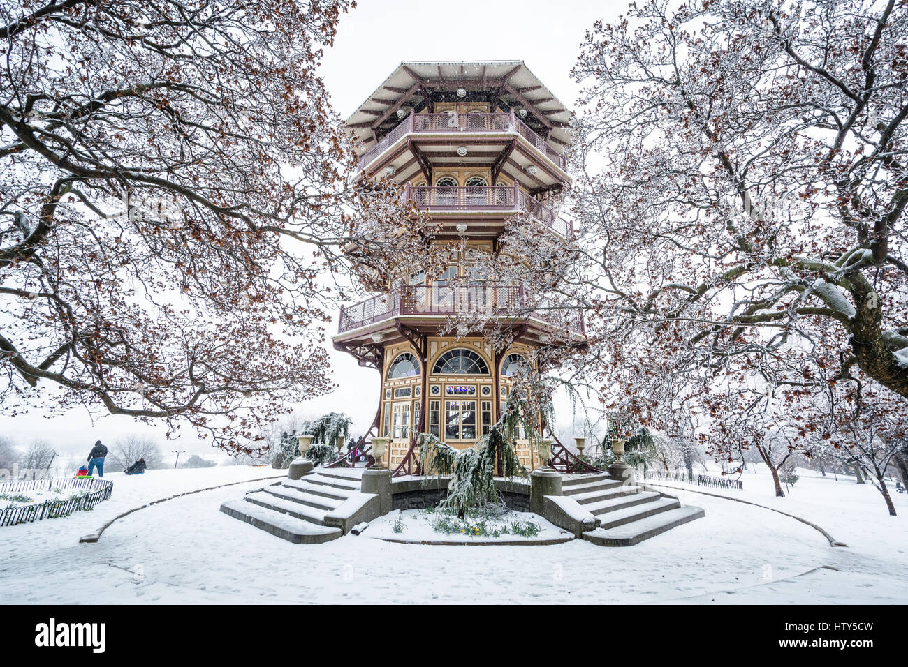 The Patterson Park Pagoda in the snow, in Baltimore, Maryland Stock ...