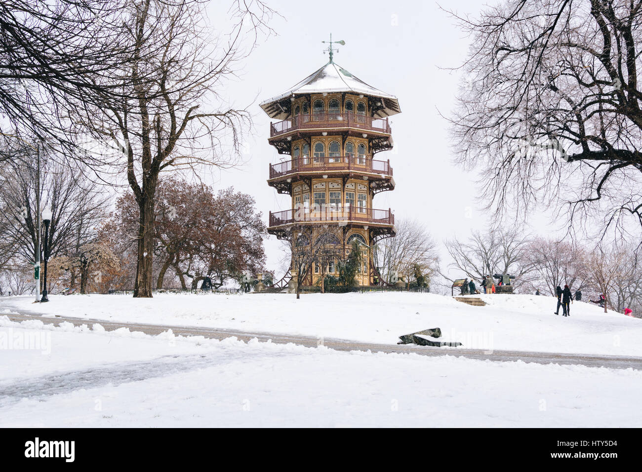 The Patterson Park Pagoda in the snow, in Baltimore, Maryland Stock ...