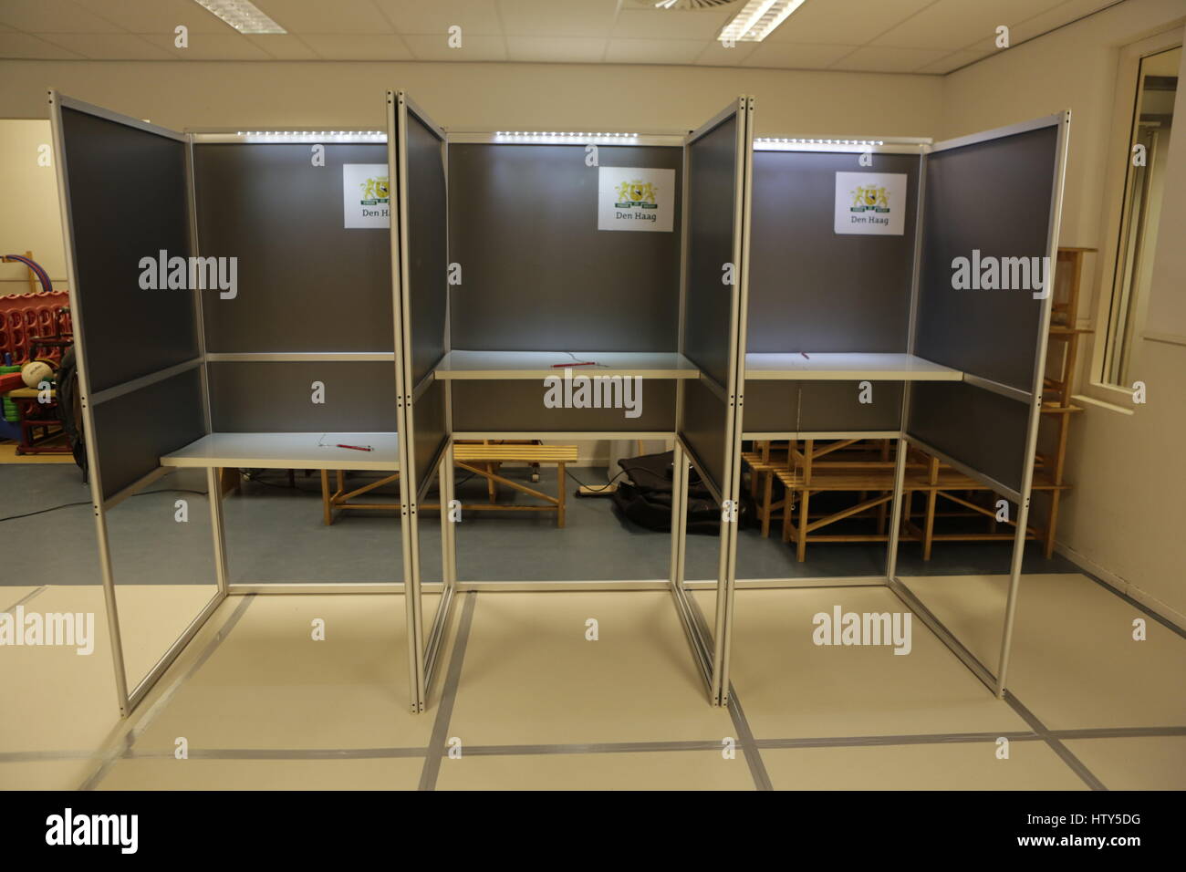 The Hague, Netherlands. 15th Mar, 2017. Voting booths are pictured ...