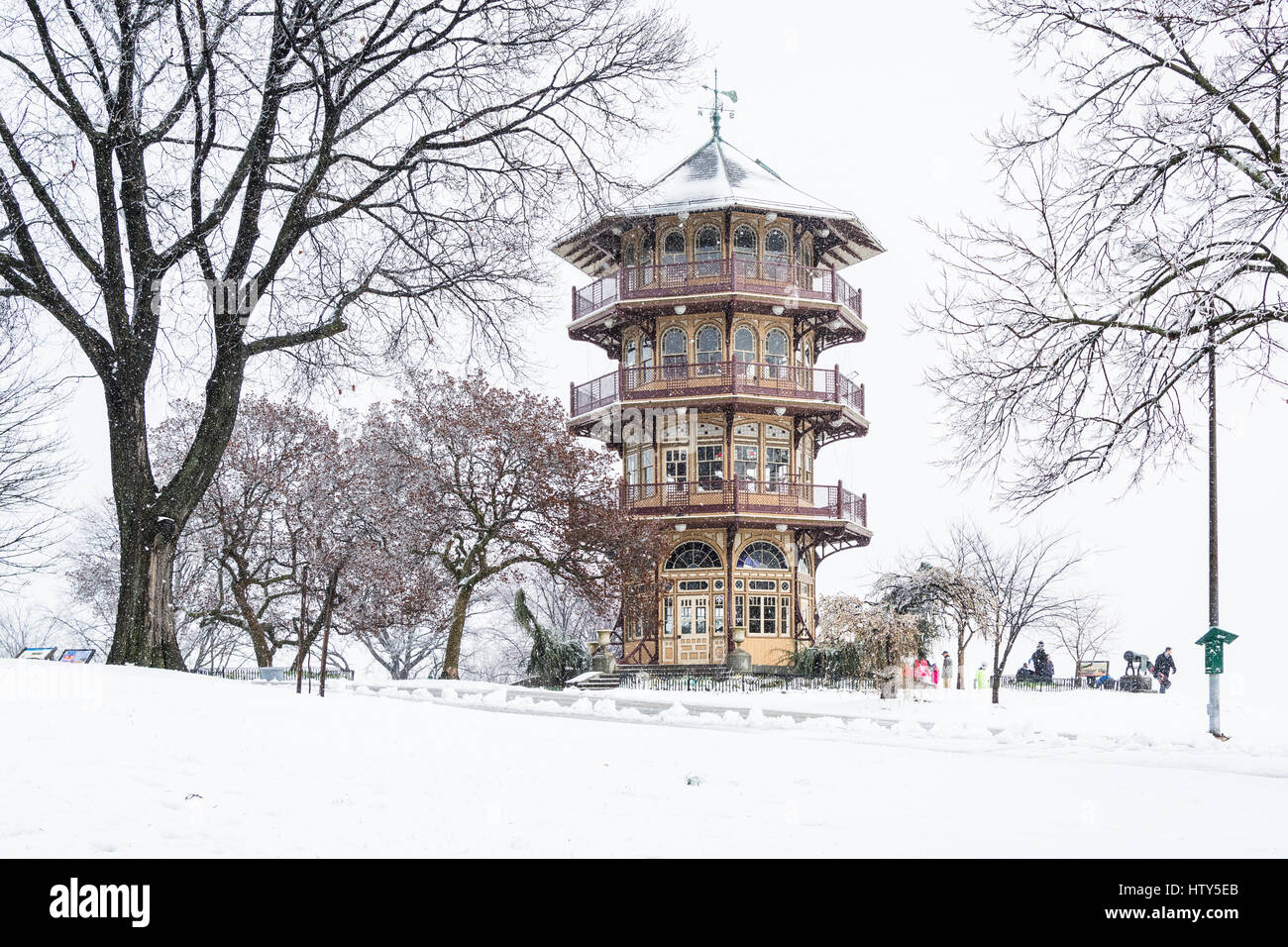 The Patterson Park Pagoda in the snow, in Baltimore, Maryland Stock ...