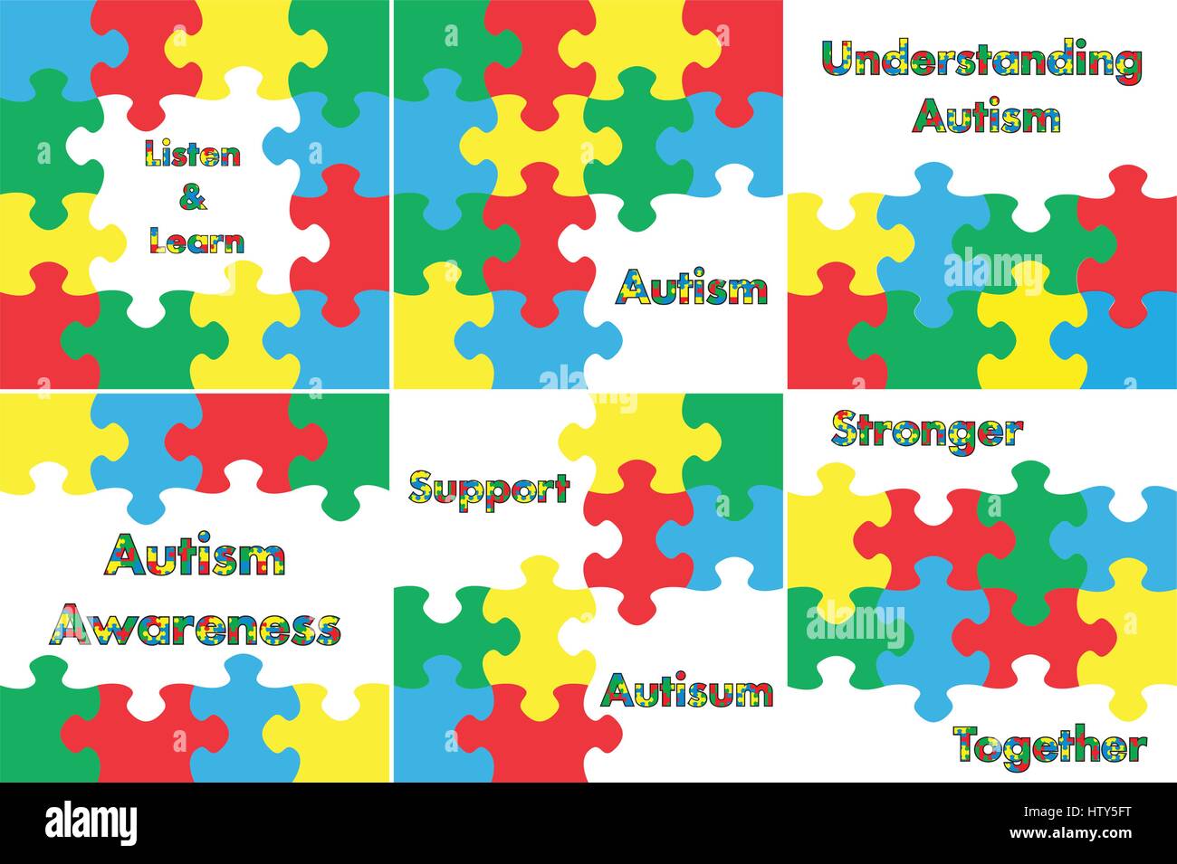 Vector icon set for jigsaw puzzle and autism awareness messages against ...