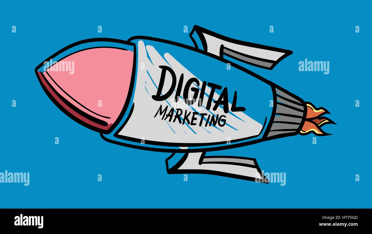 Vector icon of rocket with digital marketing in text against blue ...
