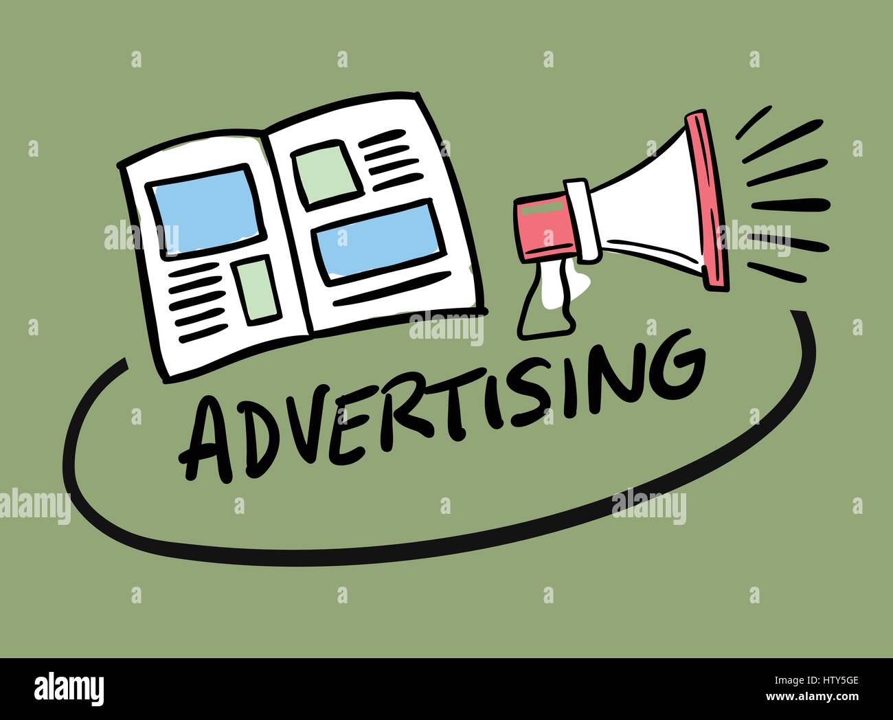 Newspaper ad megaphone symbol with advertising in text against green ...