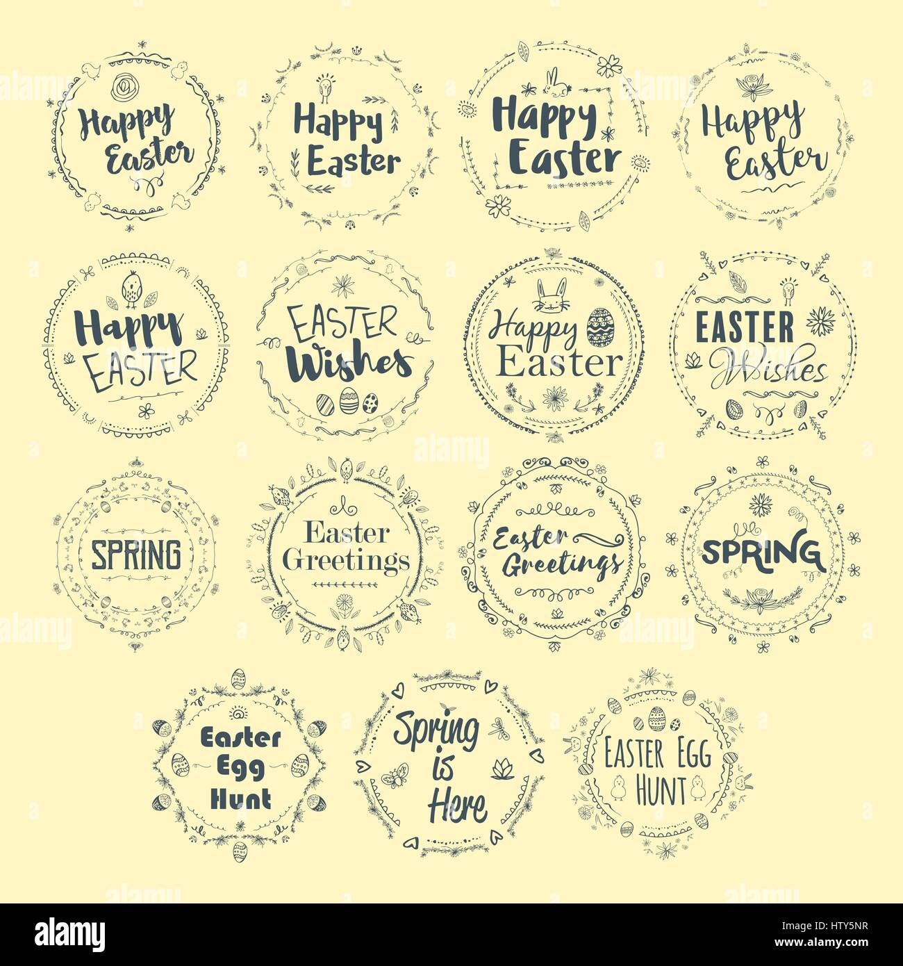 Vector icon set of easter and spring message against yellow background ...