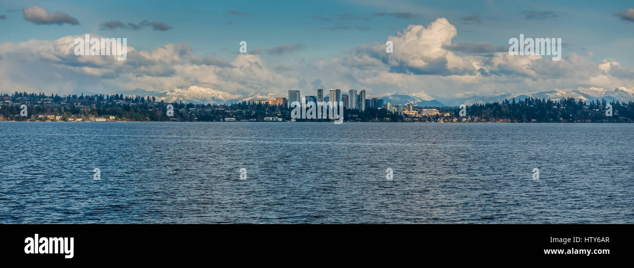 Panorama shot of the skyline of Bellevue, Washington with the Cascade ...