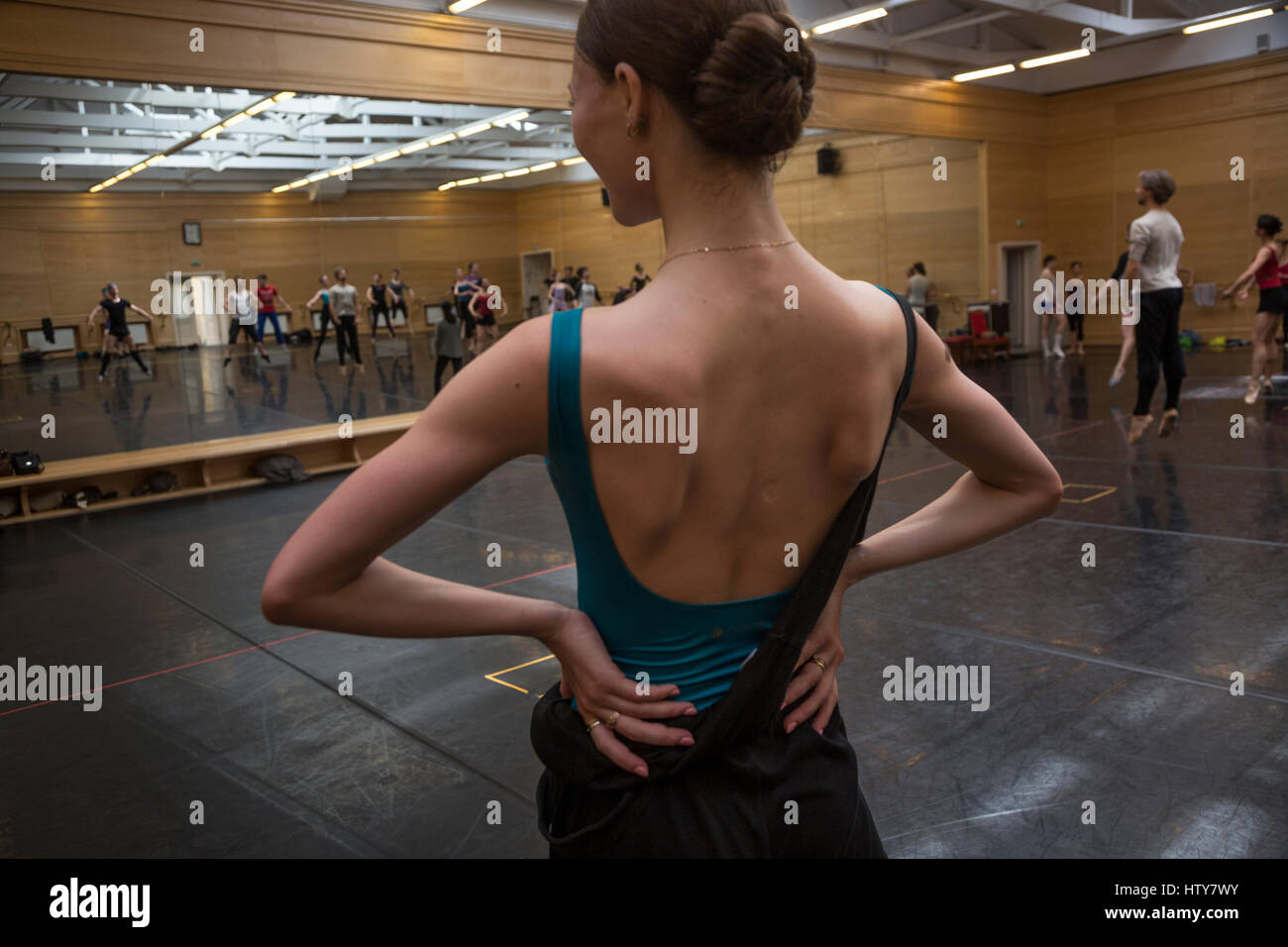 Ballerinas rehearse dance elements in the rehearsal room of the Bolshoi Theater of Russia in ...