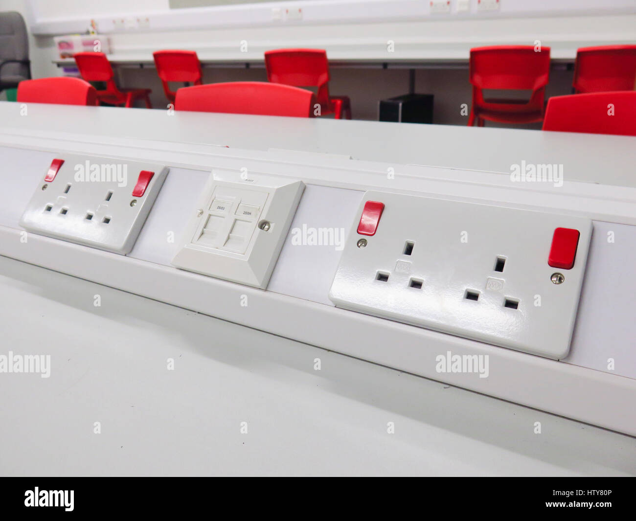 Bench mounted power and data sockets Stock Photo - Alamy