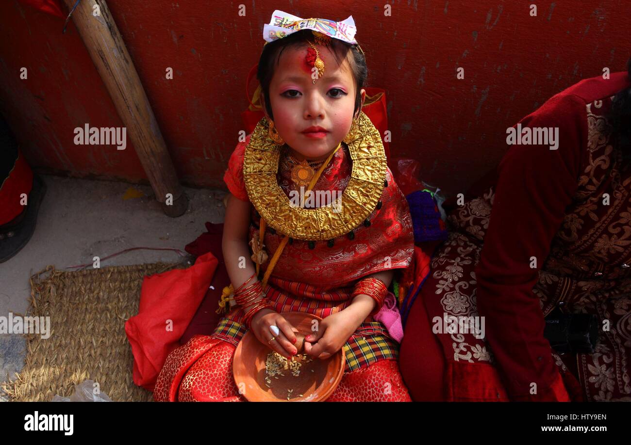 Nala, Nepal. 15th Mar, 2017. Newar girls attended a Bel Bibaha ...