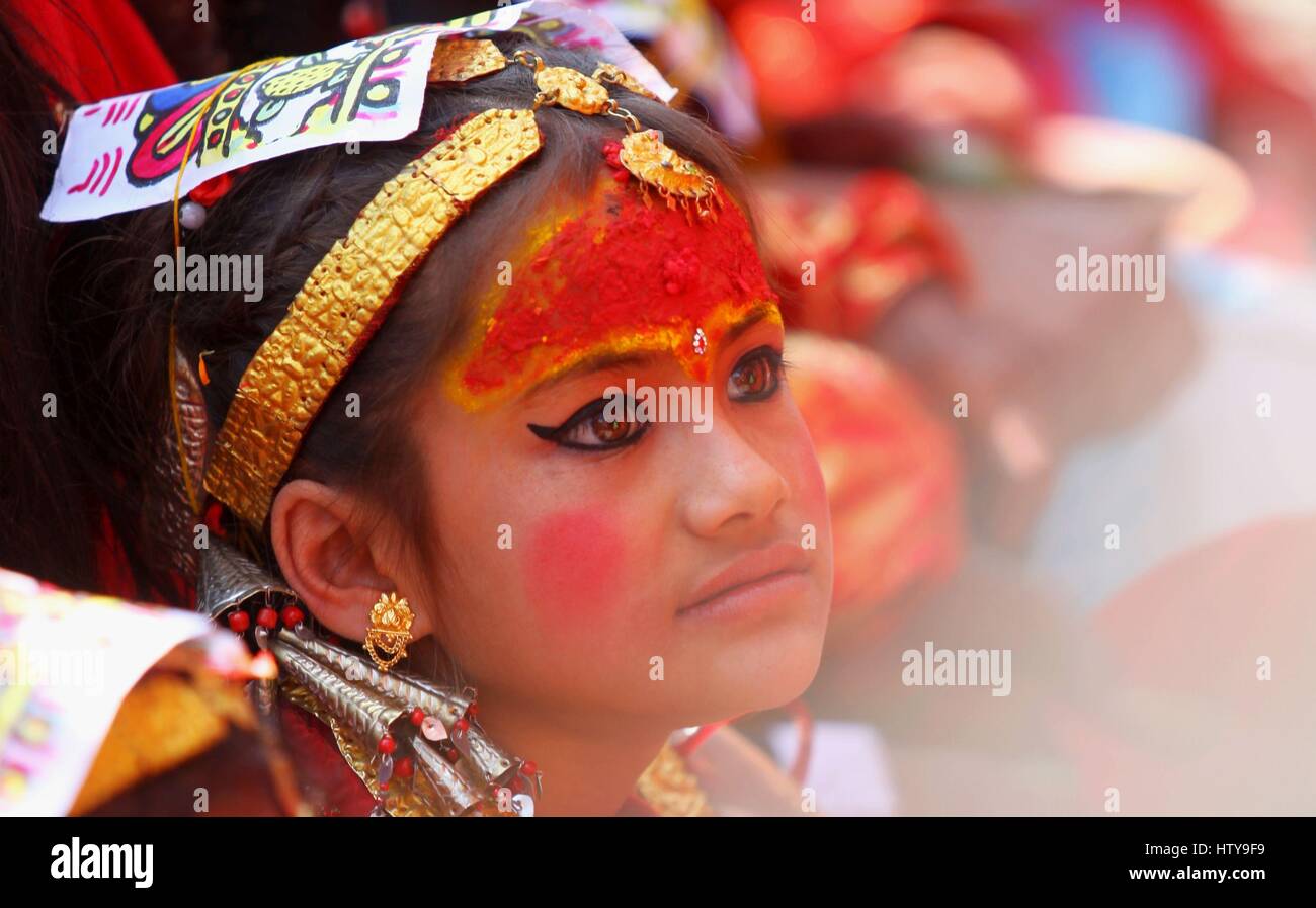 Nala, Nepal. 15th Mar, 2017. Newar girls attended a Bel Bibaha ...