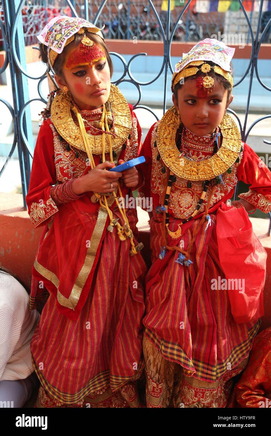 Nala, Nepal. 15th Mar, 2017. Newar girls attended a Bel Bibaha ...