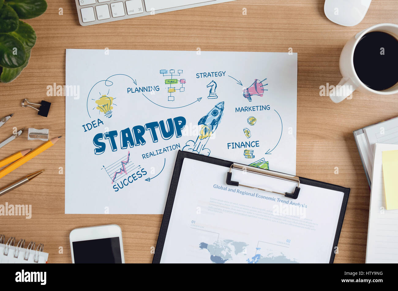 Concept for startup. Office workspace with scheme from idea through the ...