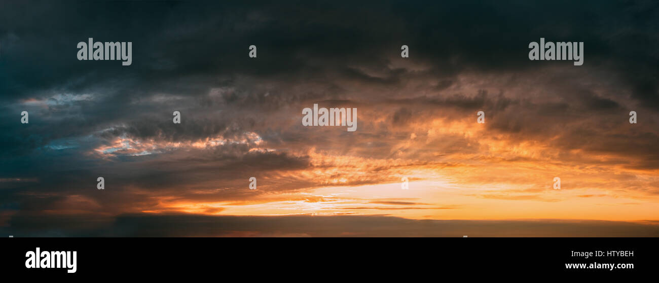 Panorama Of Bright And Dark Blue and Yellow Dramatic Sky Before Thunder ...