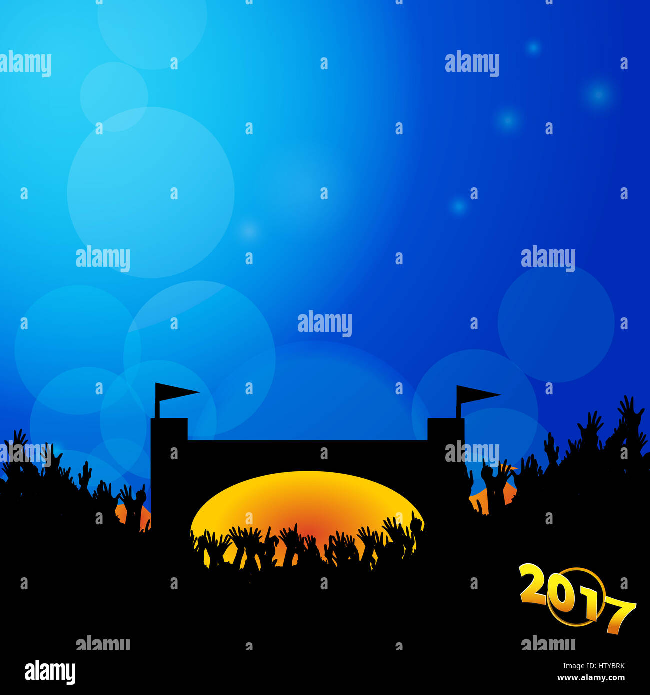Music Festival Blue Background with Fiery Stage Silhouette Crowd and ...