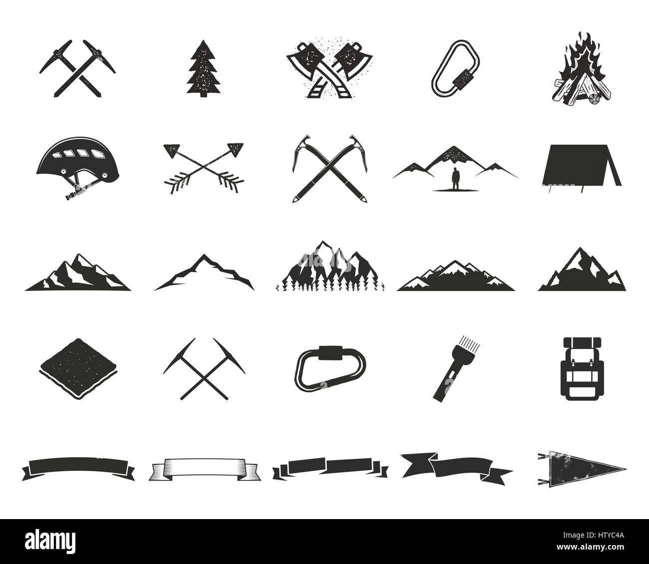 Mountain expedition silhouett icons set. Climb and camping shapes ...