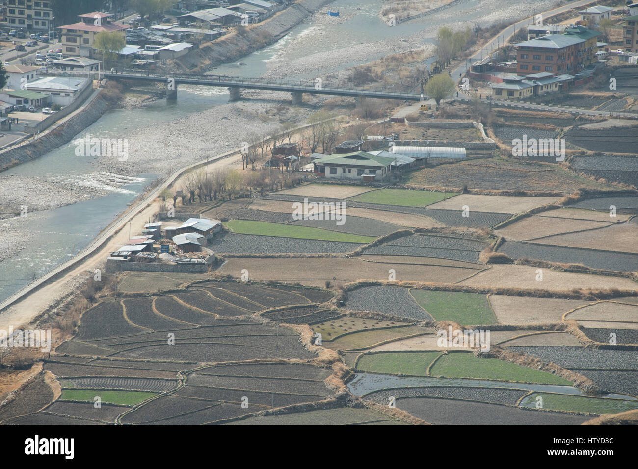 Bhutan, Paro. Overview of the Paro Valley, The Paro Chhu (river) and ...