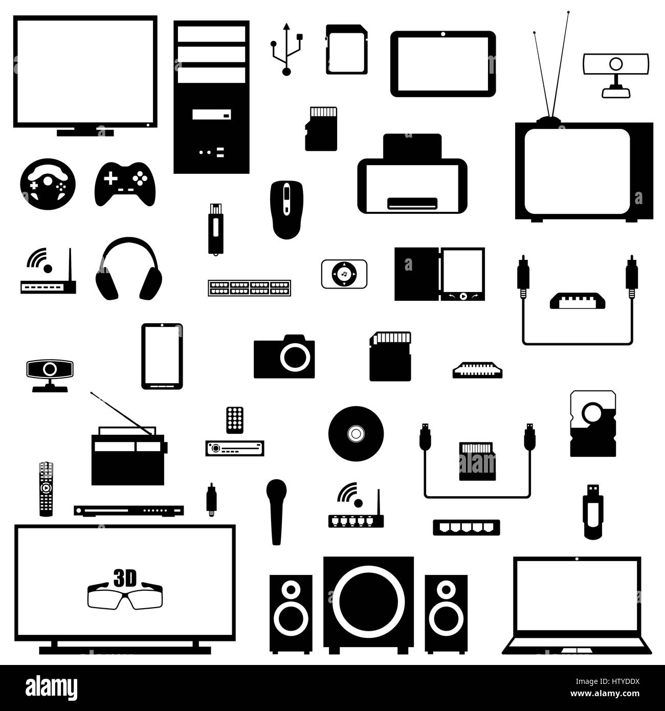 Set of black silhouettes of digital devices on a white background ...