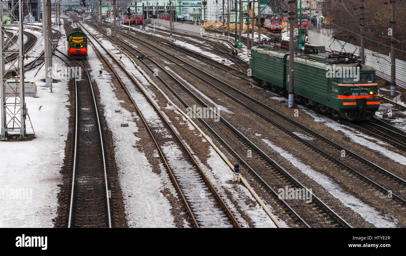 locomotives and trains at the railway junction Stock Photo - Alamy