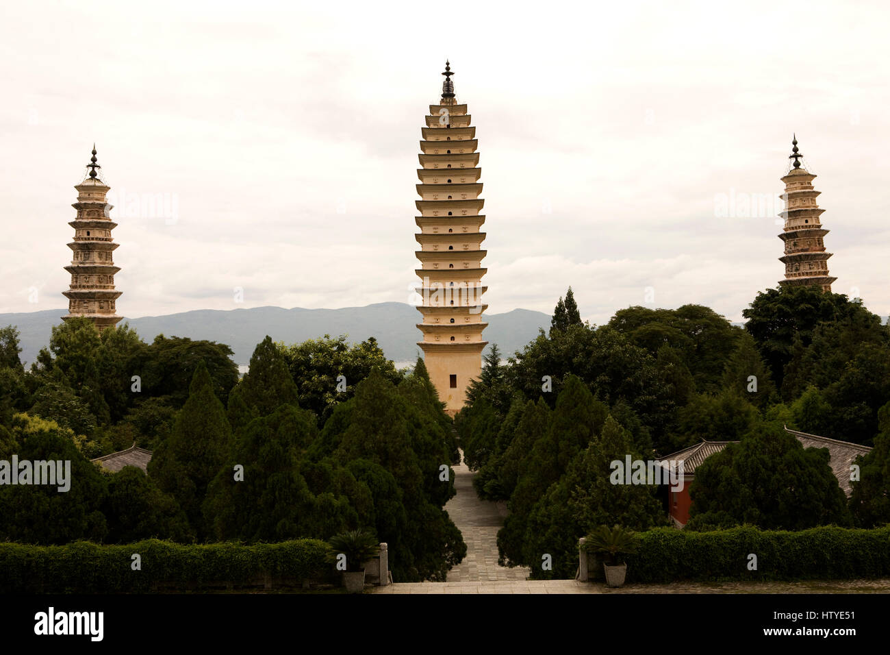 The three Pagodas of the Chongsheng Temple near the town Dali in Yunnan ...
