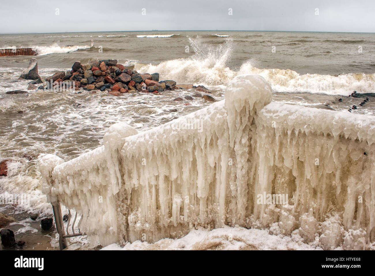 Ice covered staircase by the beach, Baltic Sea, Kaliningrad, Russian ...