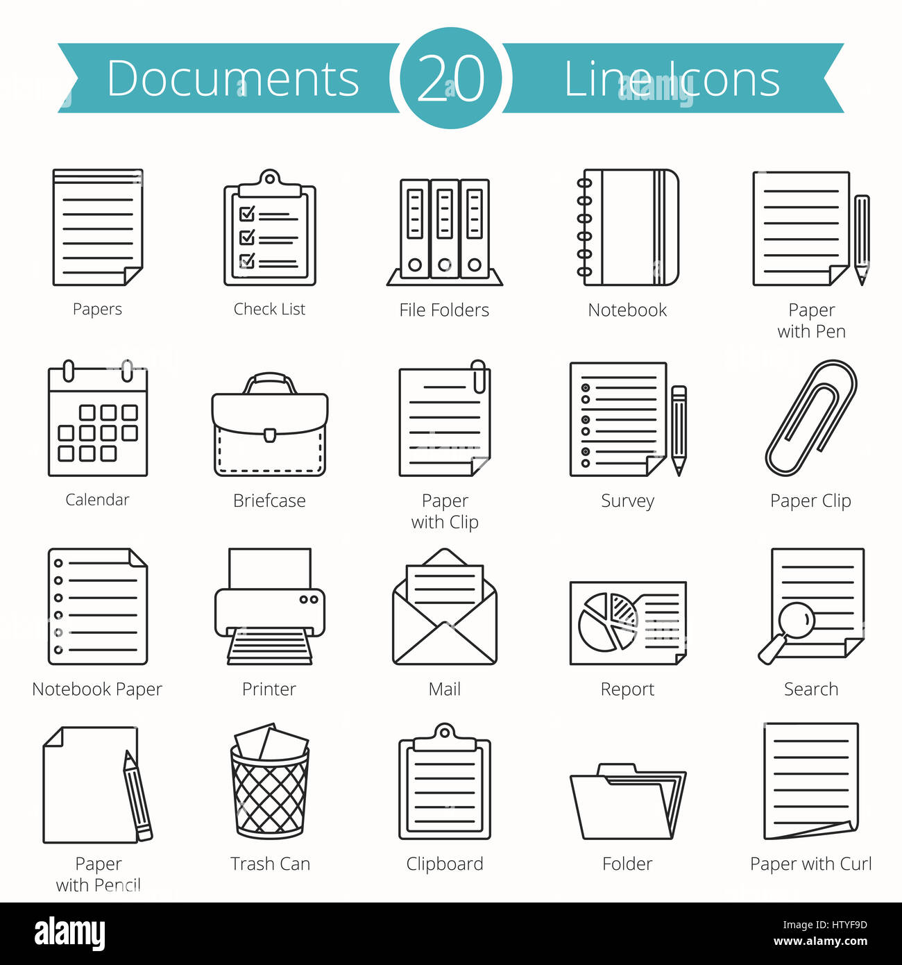 20 paper and documents line icons set Stock Photo - Alamy