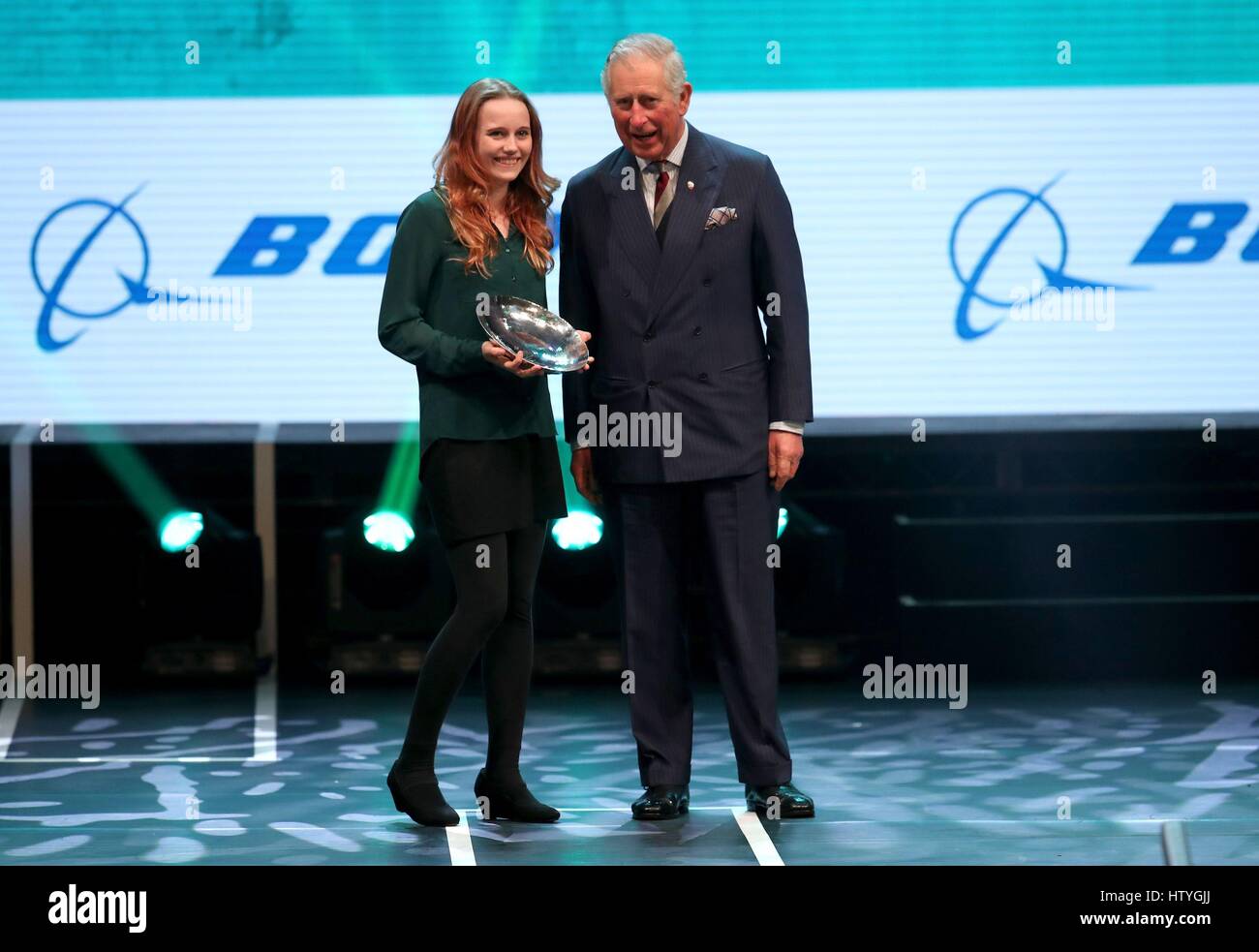 The Prince of Wales on stage with the winner of the Boeing Educational ...