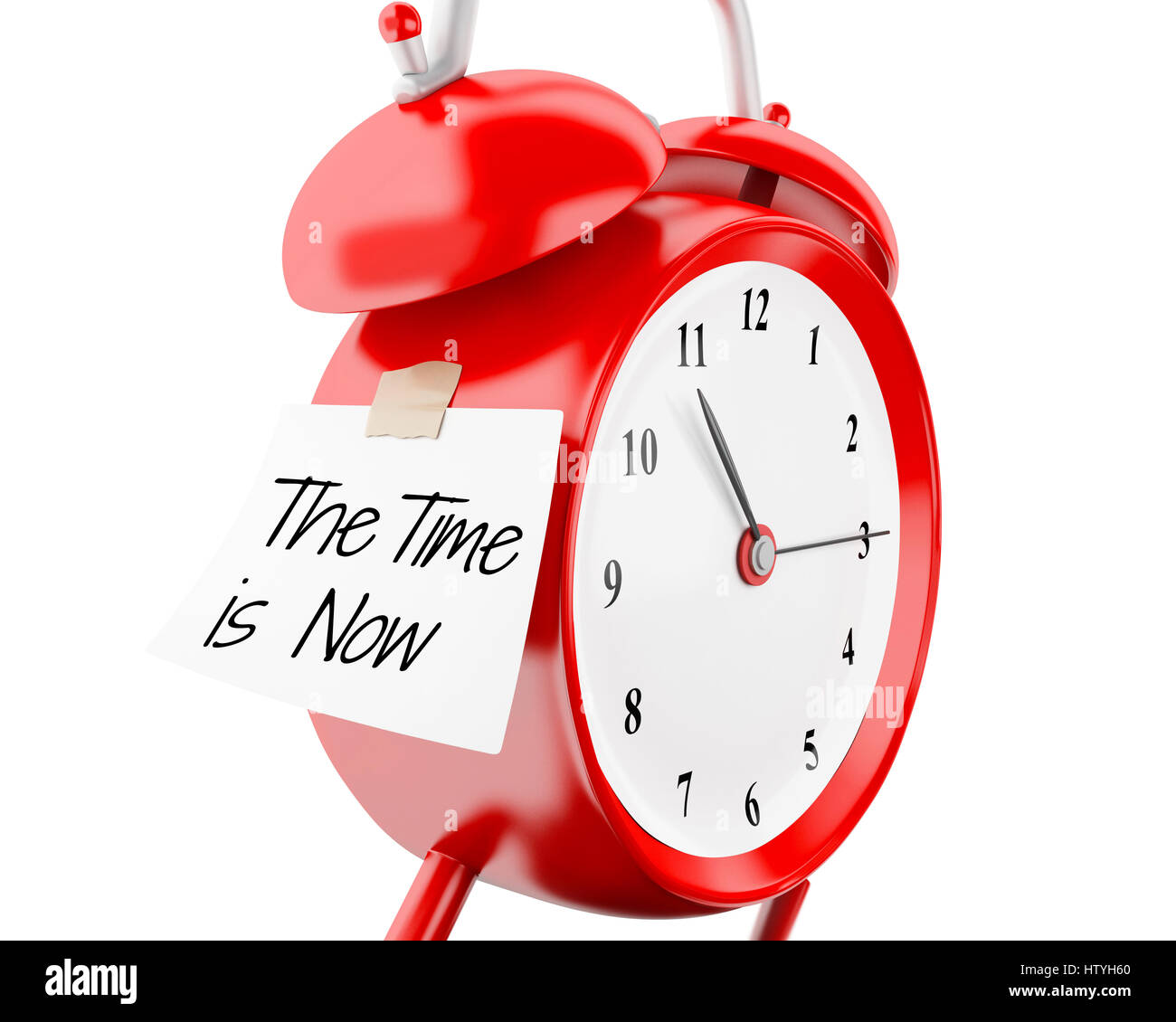 3d illustration. Alarm clock with sticky paper written "the time is now ...