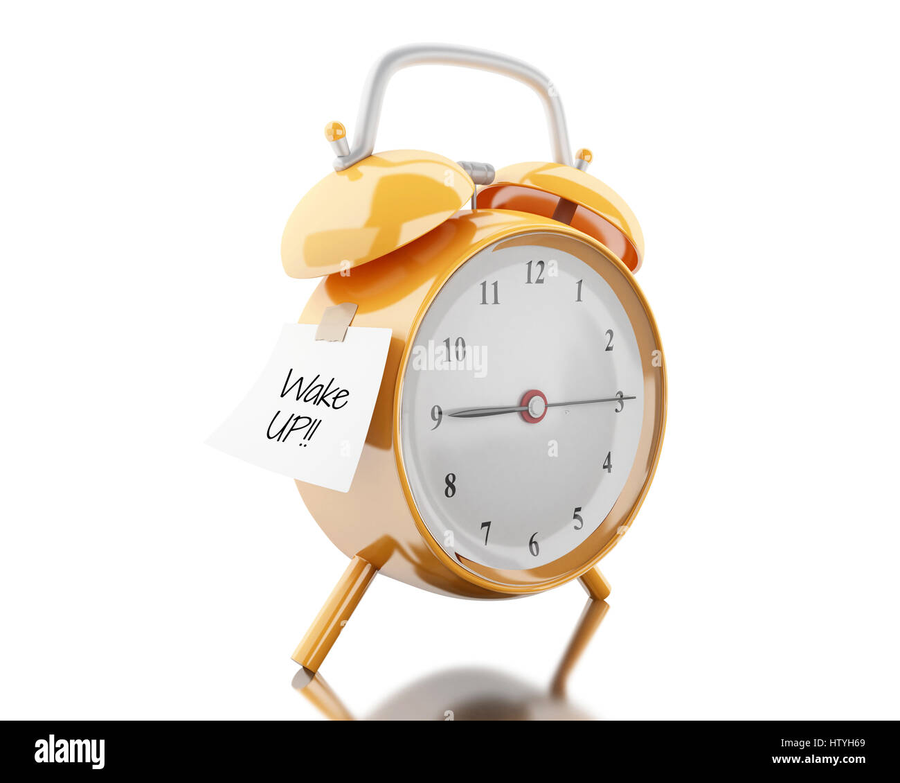 3d illustration. Alarm clock with sticky paper written "wake up ...