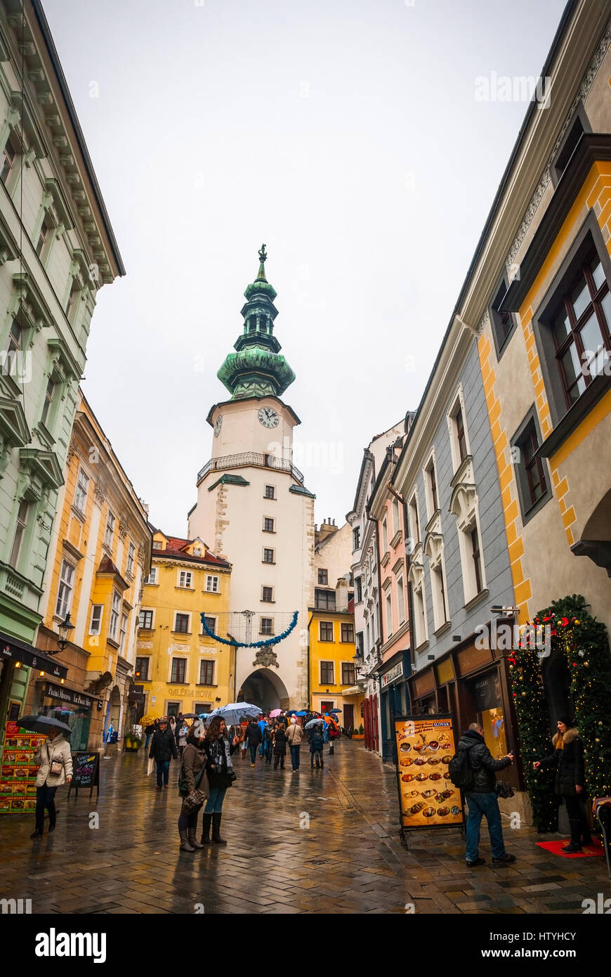 BRATISLAVA, SLOVAKIA - DECEMBER 31: Busy street in downtown of ...