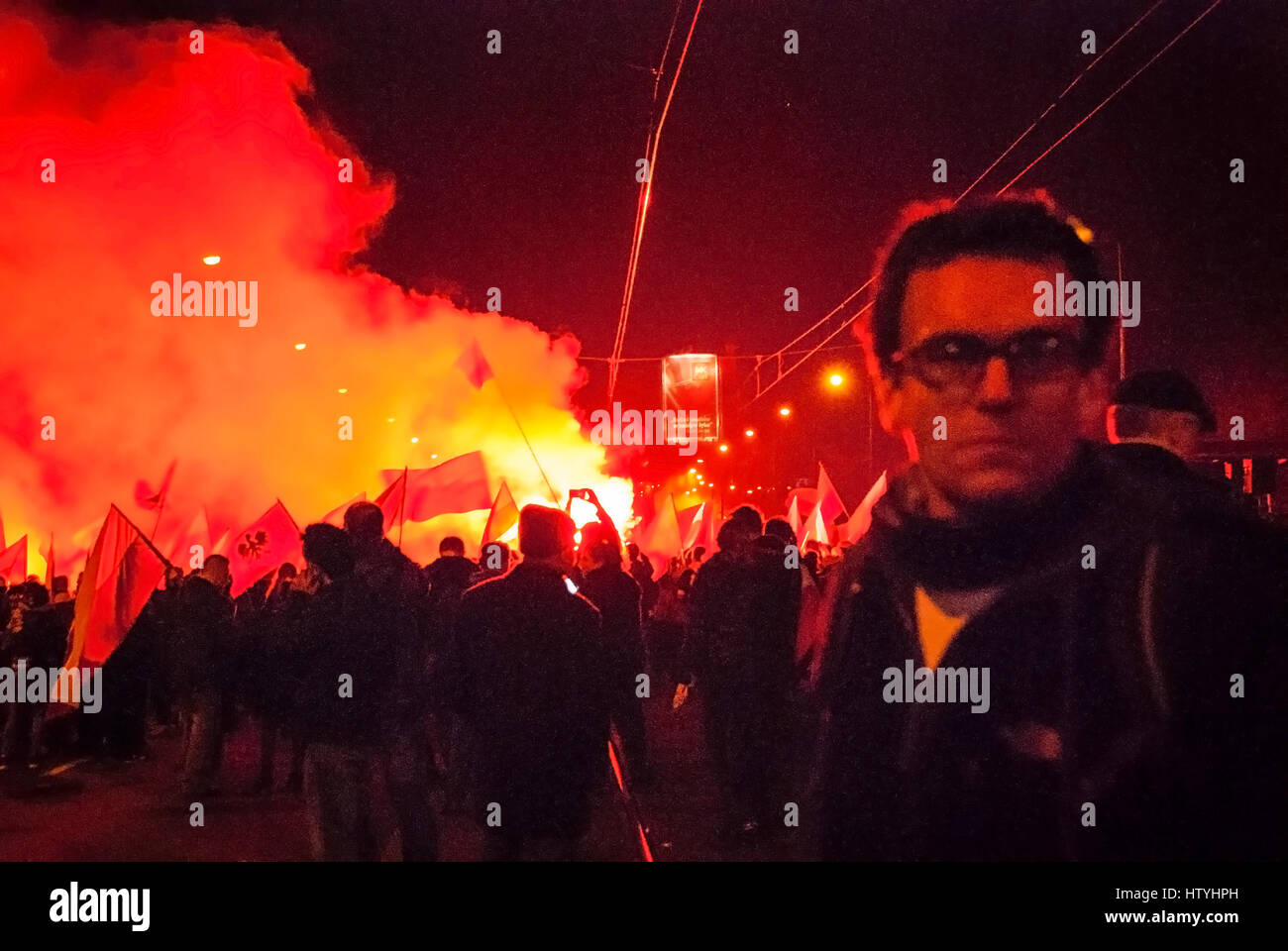 WARSAW, POLAND - NOVEMBER 11: Protests and riots at night during polish ...