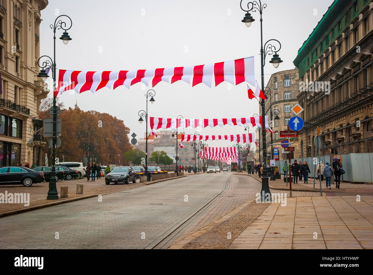 WARSAW, POLAND - NOVEMBER 10: Street in Warsaw decorated with polish ...