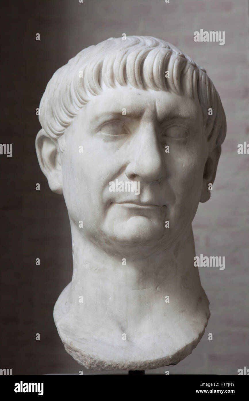 Marble head from an oversized statue of Roman Emperor Trajan (reign 98 ...