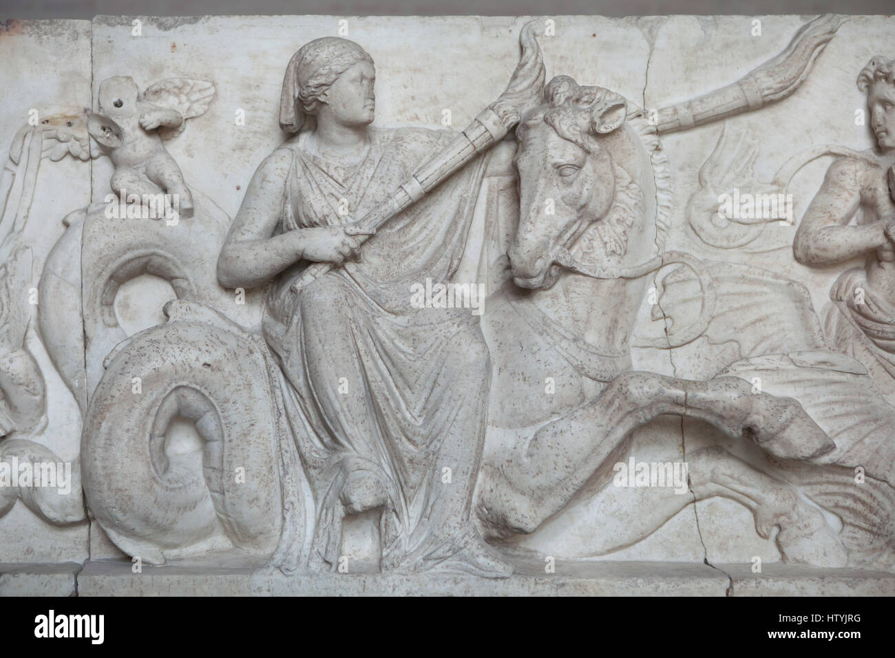 Doris, mother of Amphitrite, riding a hippocampus and carrying two ...