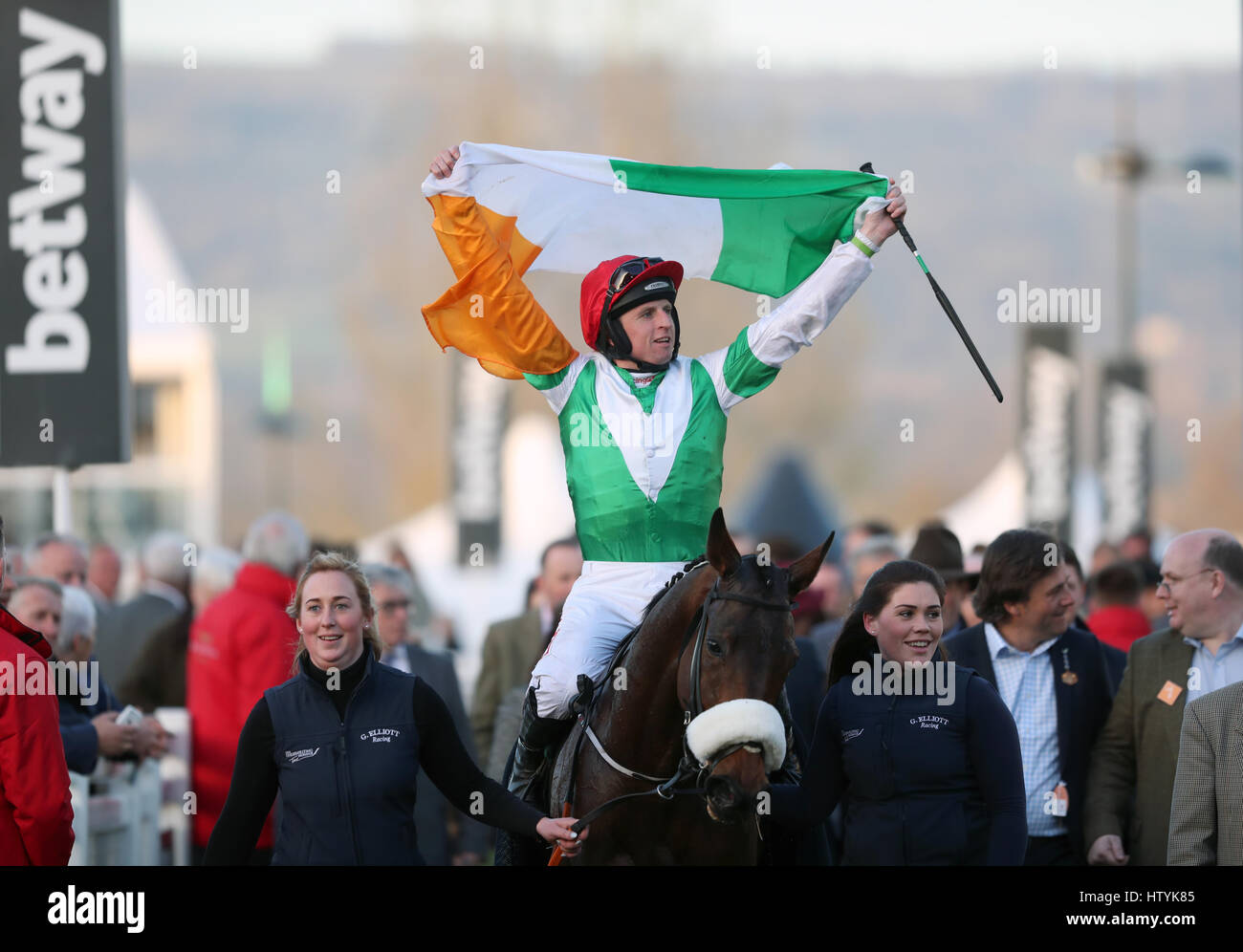 Jamie Codd celebrates winning the Weatherbys Champion Bumper onboard ...
