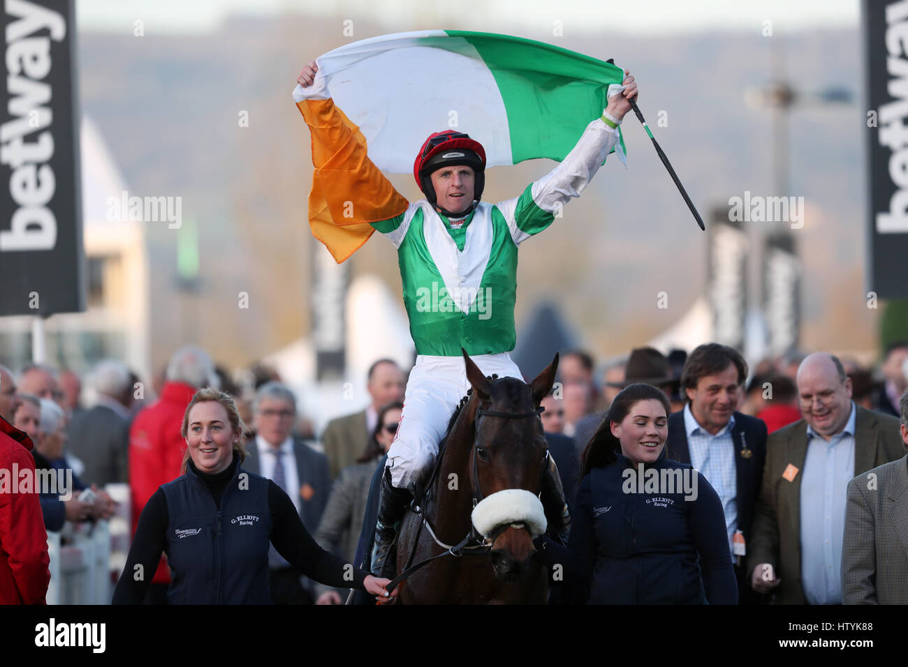 Jamie Codd celebrates winning the Weatherbys Champion Bumper onboard ...