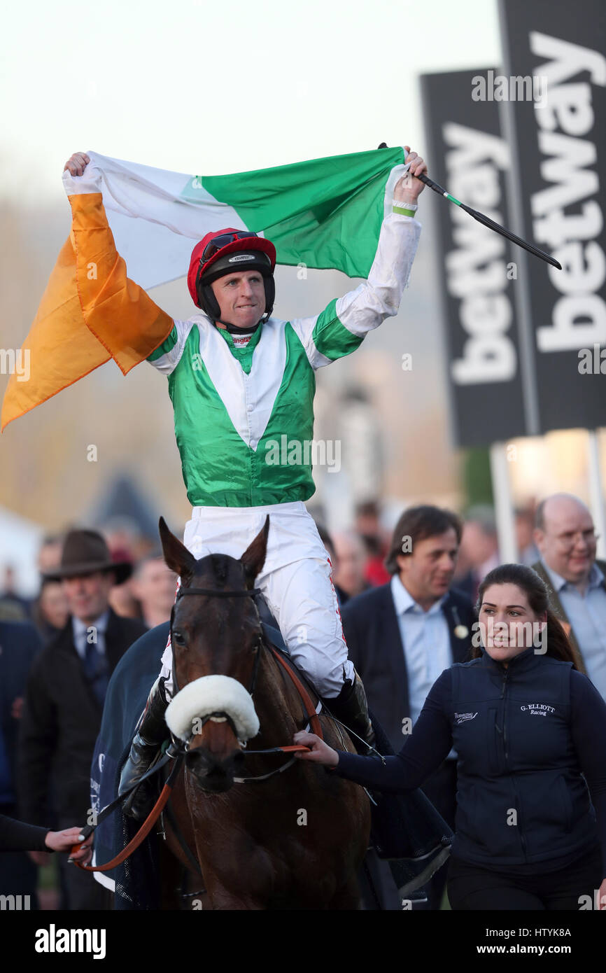 Jamie Codd celebrates winning the Weatherbys Champion Bumper onboard ...
