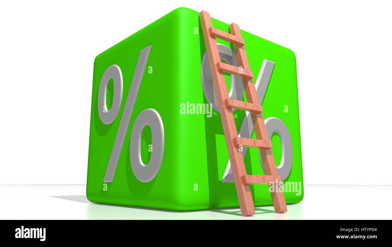 Percentage symbol on green cube with ladder Stock Photo - Alamy