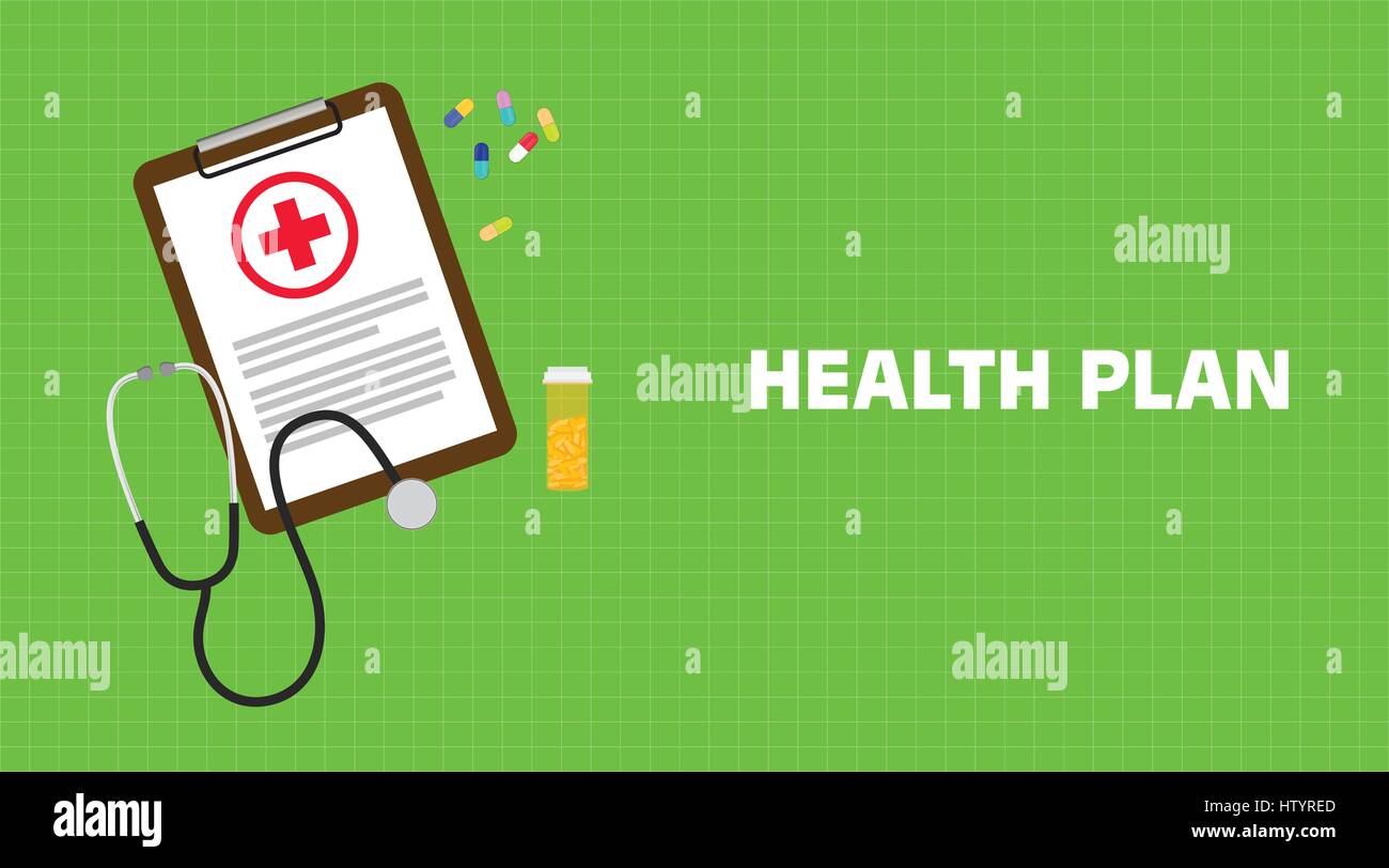 Health plan illustration with paperwork on clip board, a stethoscope ...