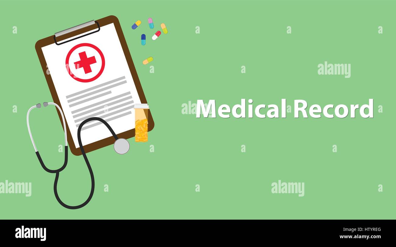 Medical record illustration with paperwork on clip board, a stethoscope ...