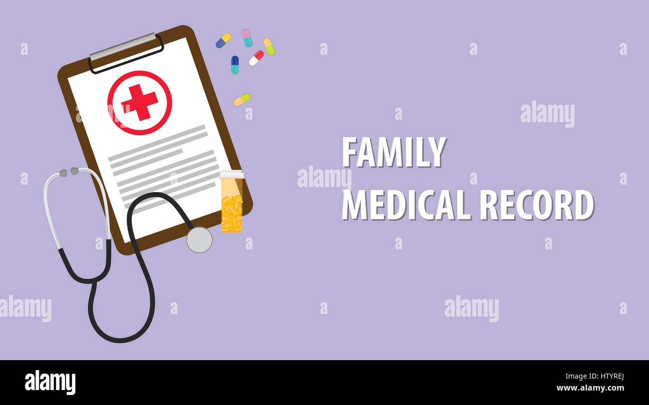 Family medical record illustration with paperwork on clip board, a ...