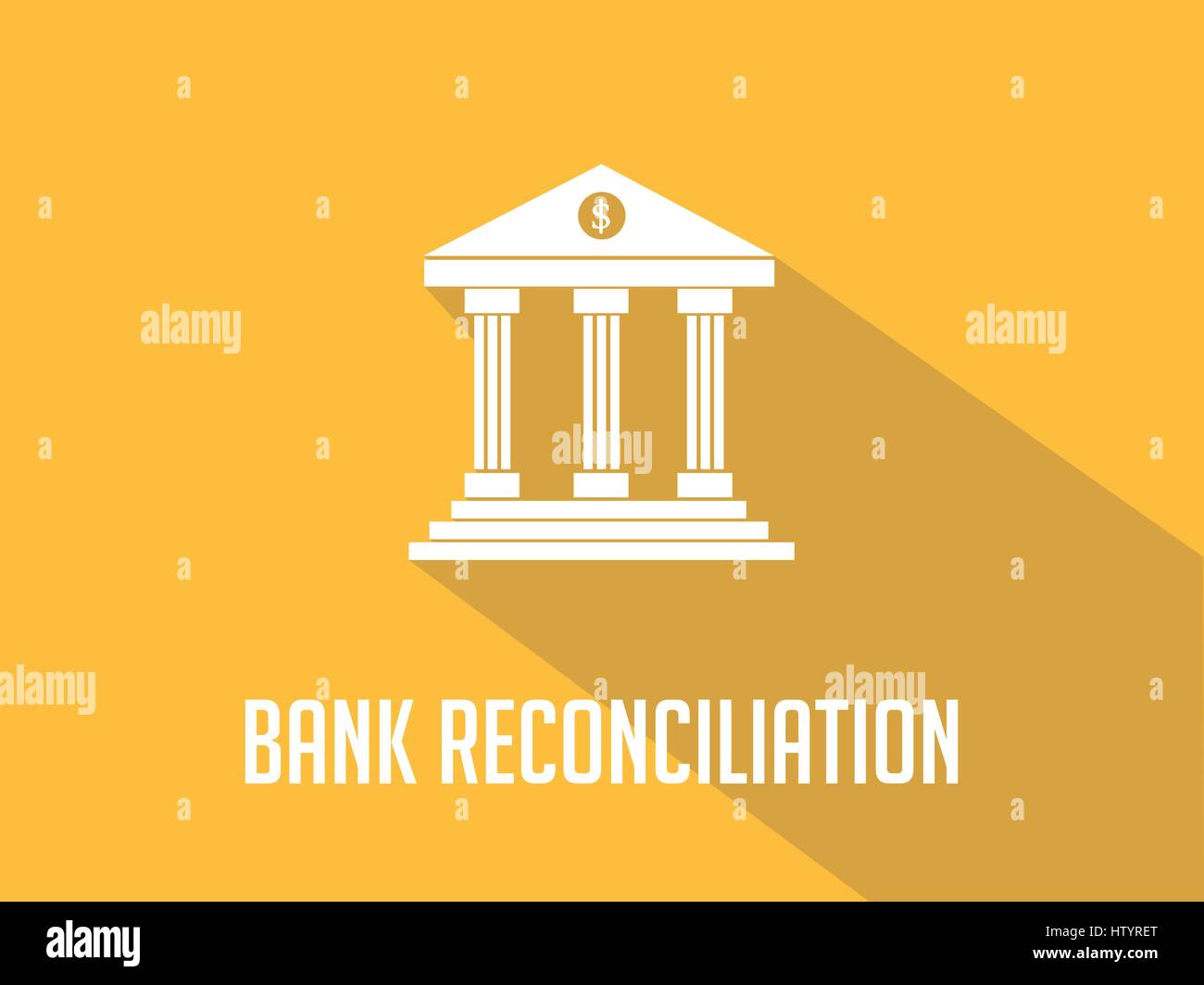 Bank reconciliation white text with bank office building illustration ...