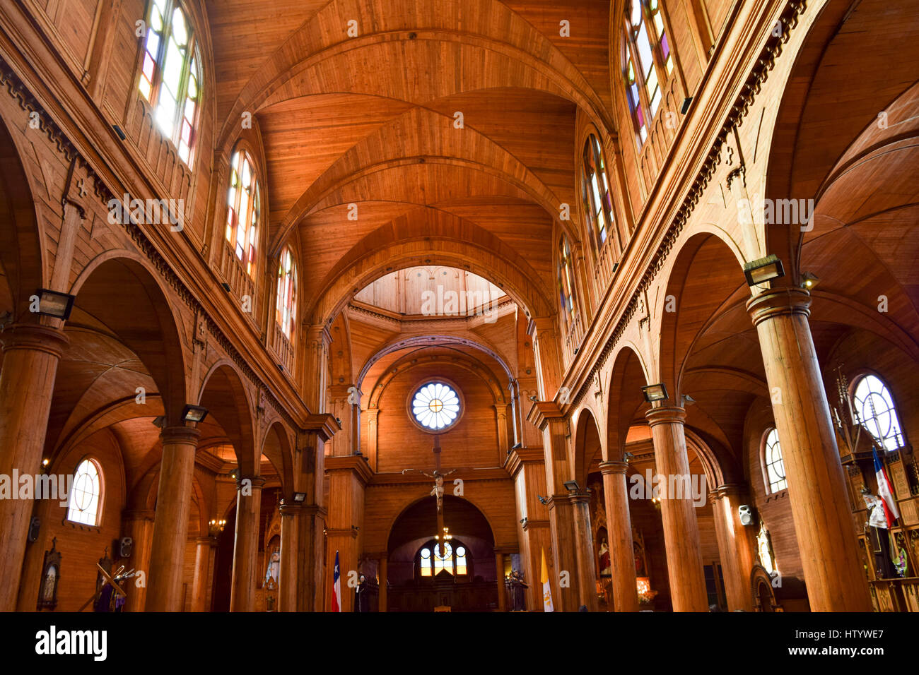 Inside of the wooden church of Castro, Chile Stock Photo - Alamy