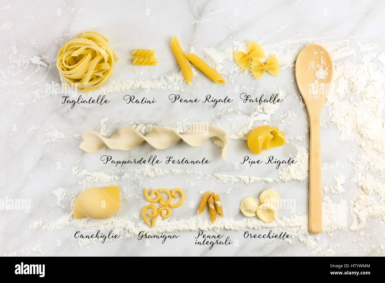 Different varieties of pasta with their names Stock Photo - Alamy