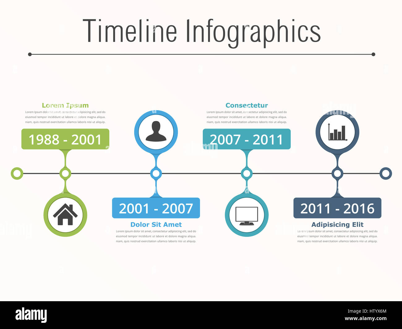 Horionztal timeline infographics template with dates, icons and text ...