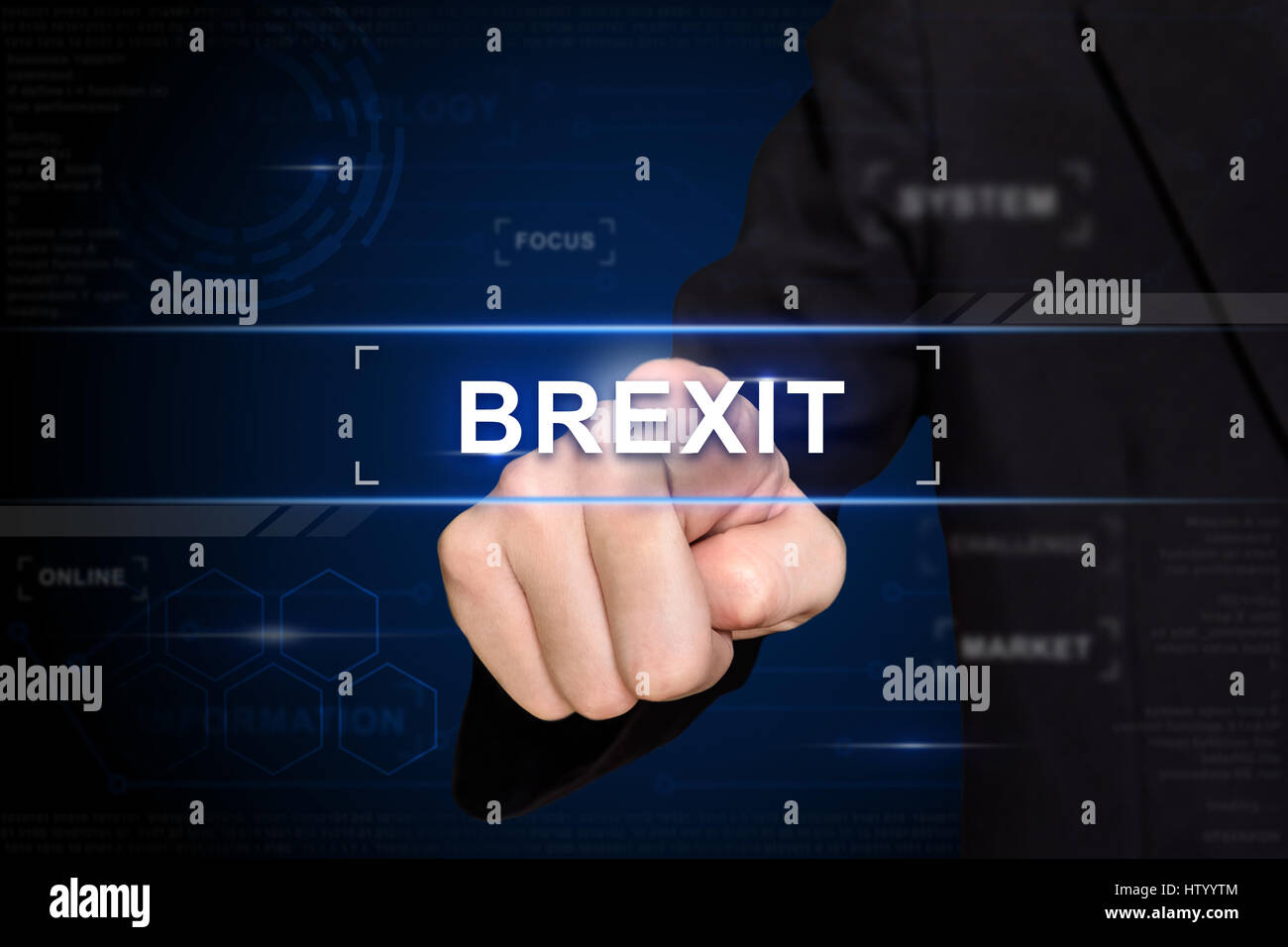 business hand clicking brexit or british exit button on virtual screen ...