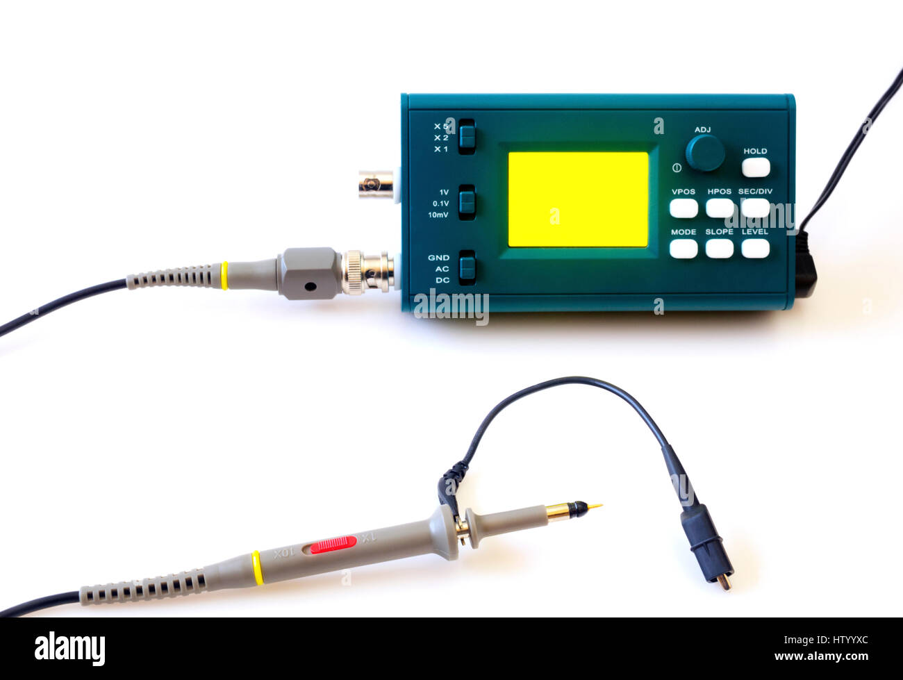 Modern digital signal oscilloscope isolated on white background closeup ...