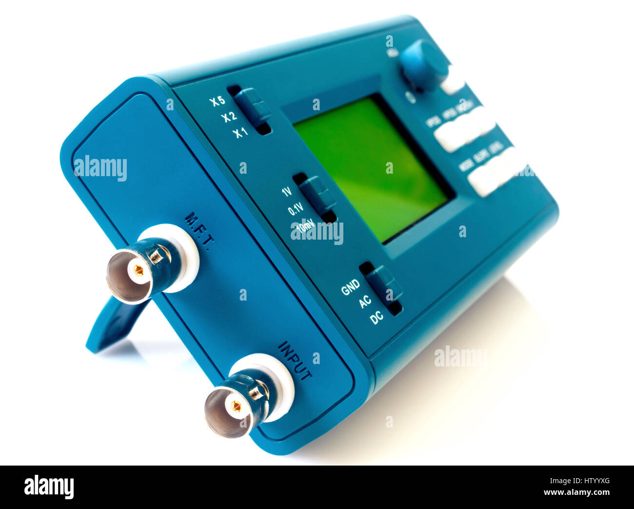 Modern digital signal oscilloscope isolated on white background closeup ...