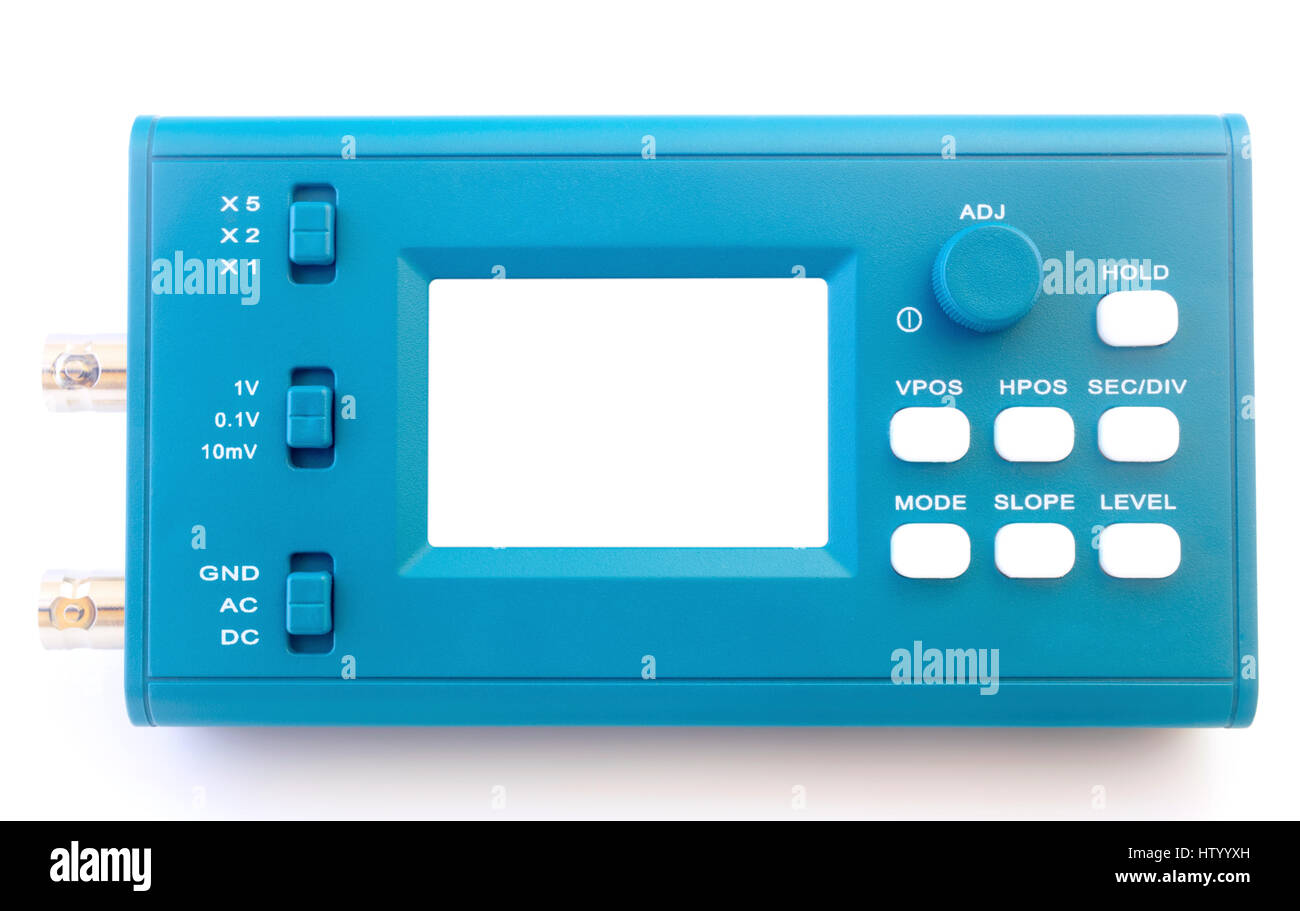 Modern digital signal oscilloscope isolated on white background closeup ...