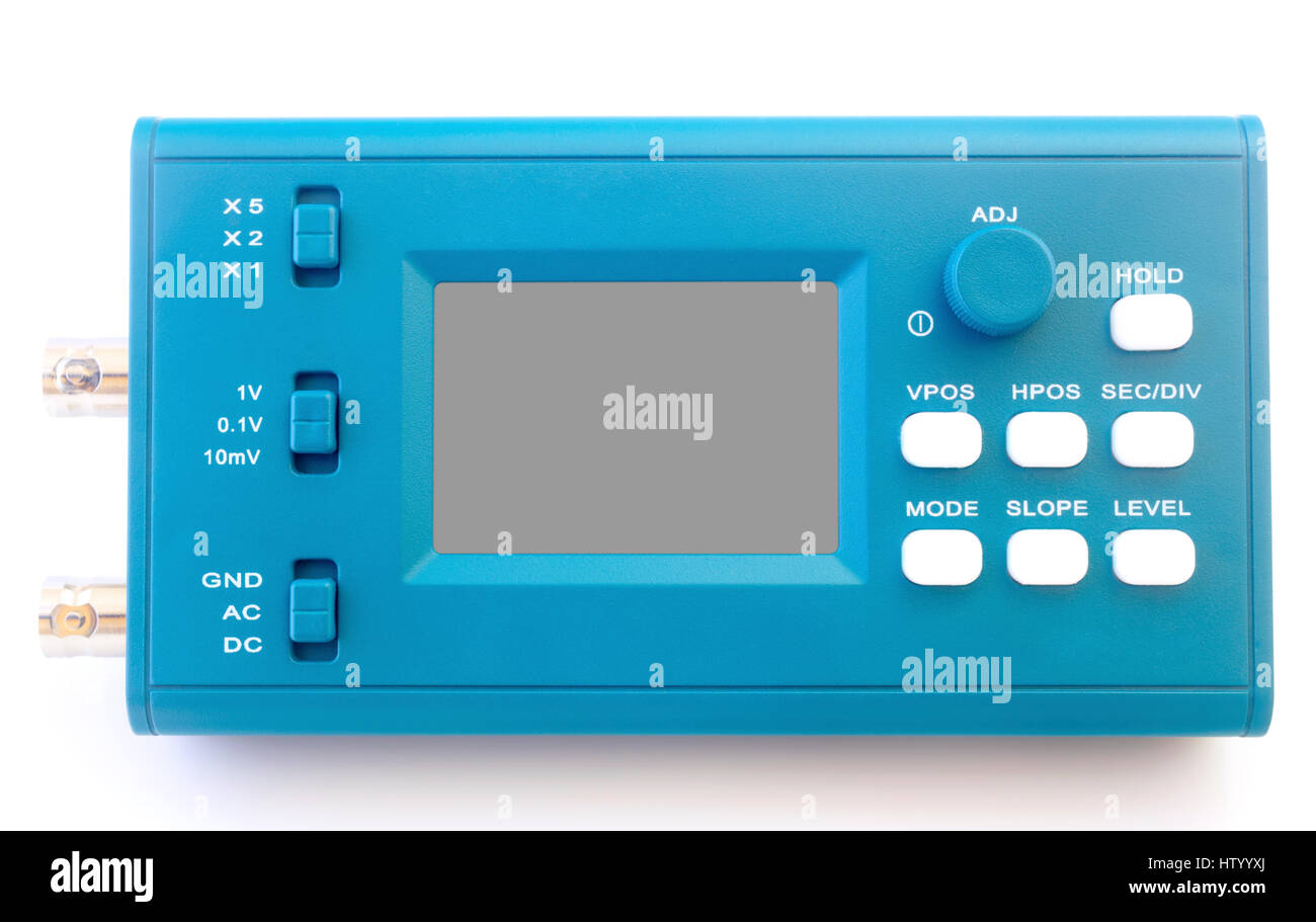 Modern digital signal oscilloscope isolated on white background closeup ...