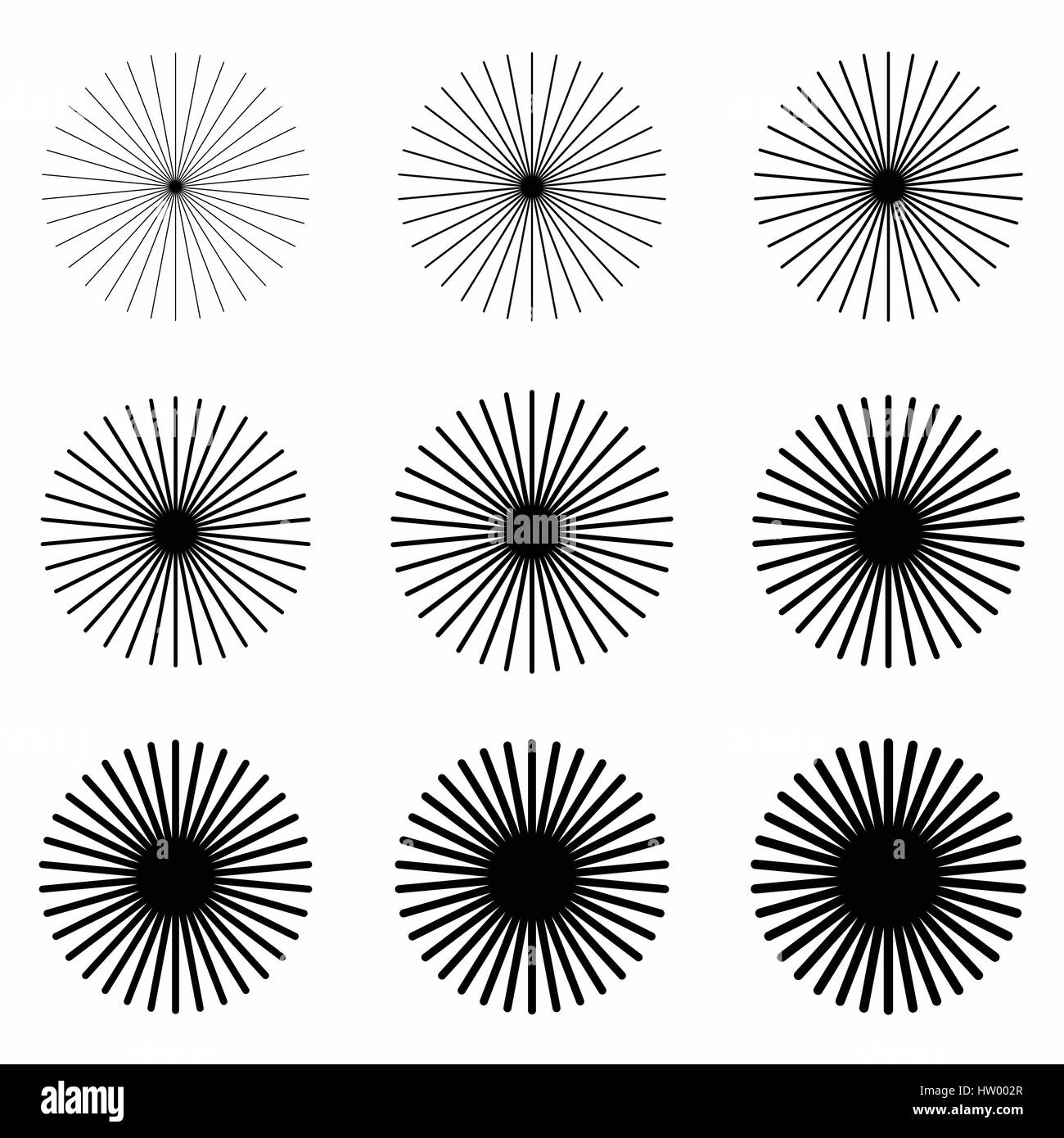 Set of 9 radial, radiating lines elements. Circular lines patterns ...
